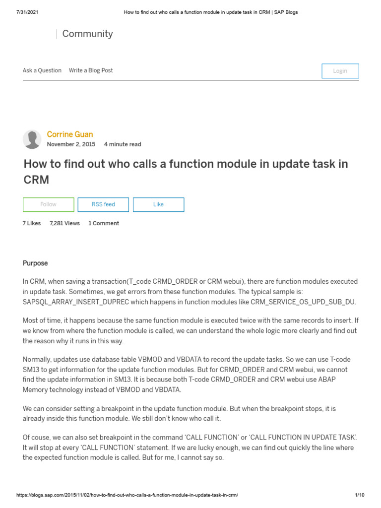 How to Find Out Who Calls a Function Module in Update Task in CRM _ SAP ...