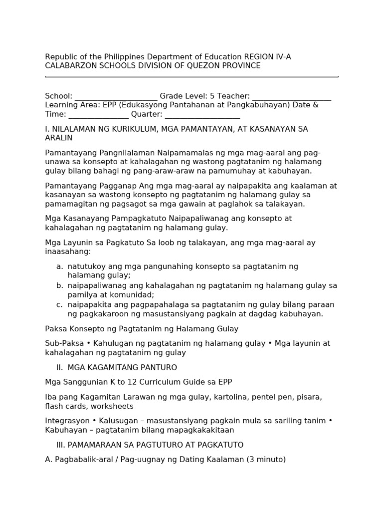 Detailed Lesson Plan – Epp Grade 5 | PDF