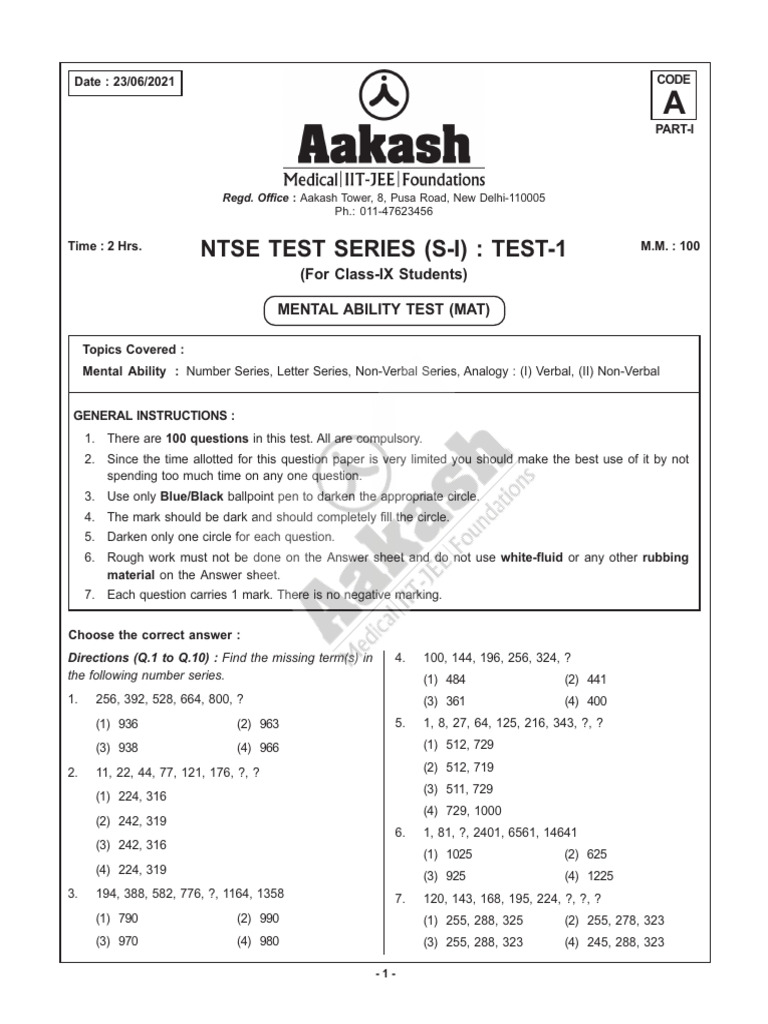 Ntse (S-i) Test 1a_p-I_mat (23 to 27 Jun 2021)_(C-9) - Ka | PDF