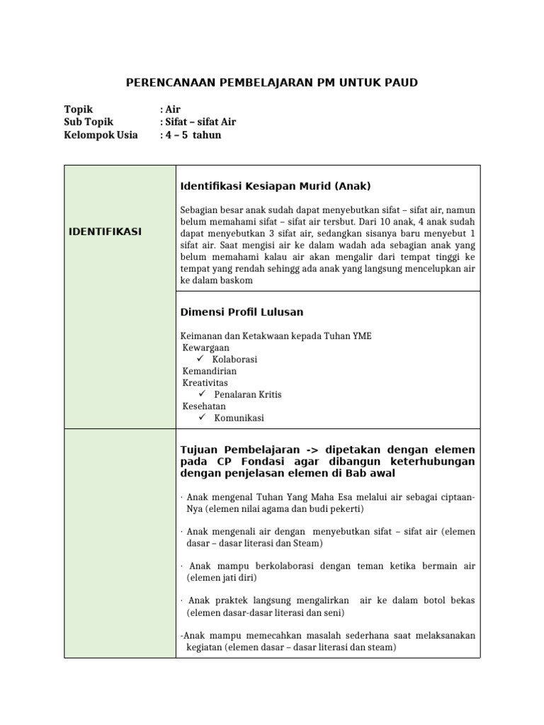 Pembelajaran Sifat Air untuk PAUD | PDF