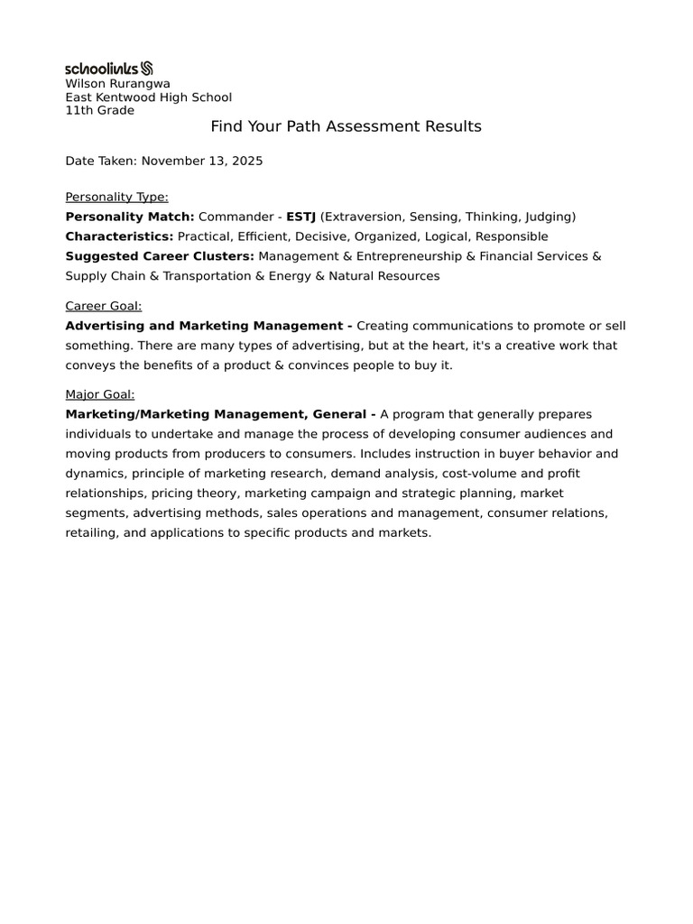 ESTJ Career Assessment Results for Marketing | PDF