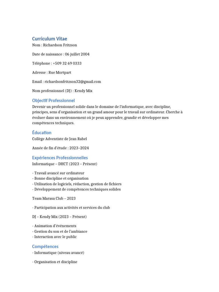 CV de Richardson Fritzson, DJ et informaticien | PDF