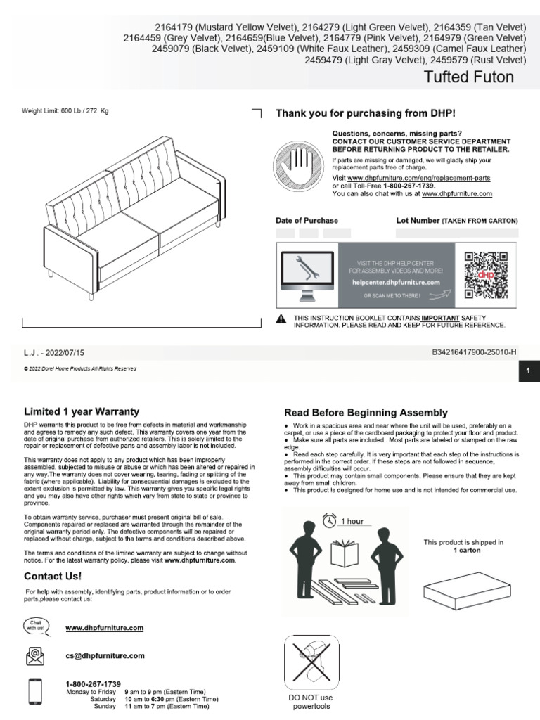 Tufted Futon Assembly Instructions | PDF | Screw | Metalworking