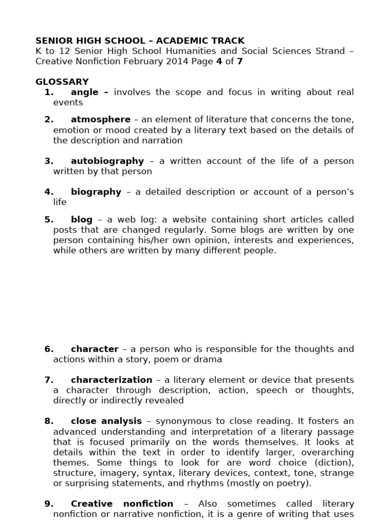 Creative Nonfiction Glossary for Students | PDF | Genre | Writing