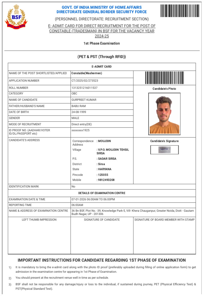 Rectt - Bsf.gov - in Applicant Print-Card Id 4795604 | PDF | Government ...