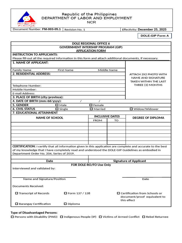 Government Internship Program Application | PDF