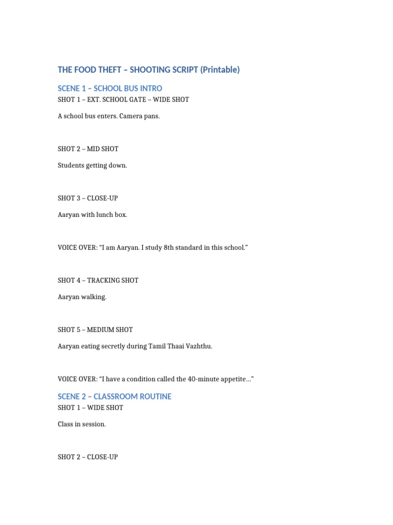 The Food Theft Shooting Script | PDF