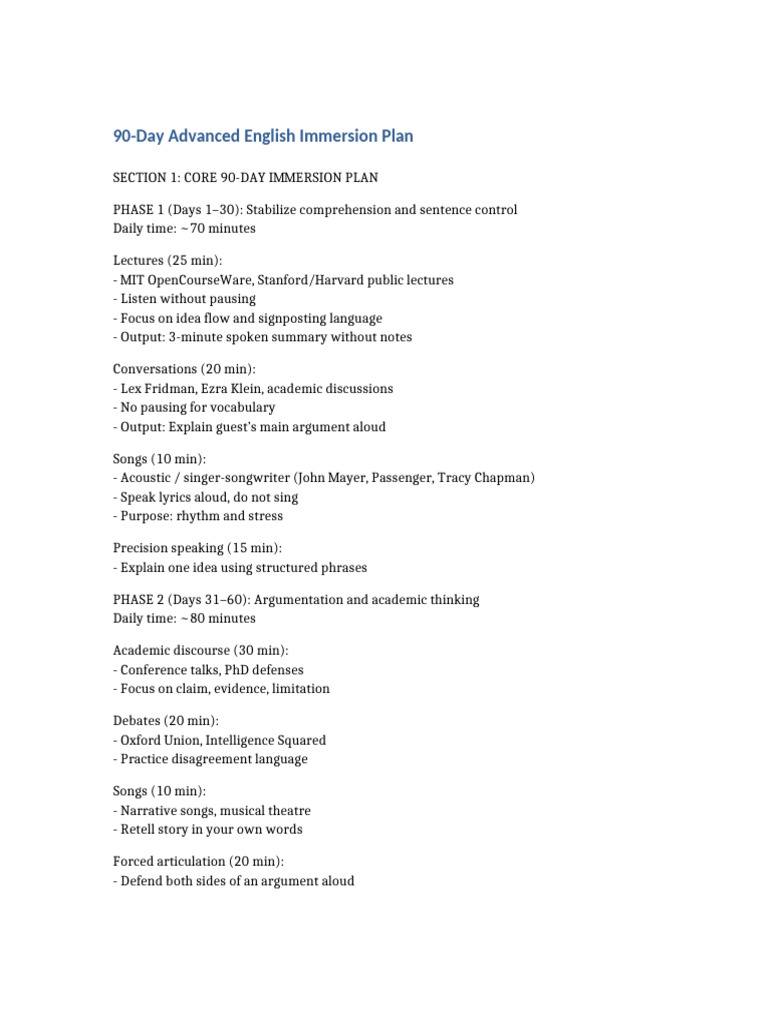 90 Day Advanced English Immersion Plan | PDF