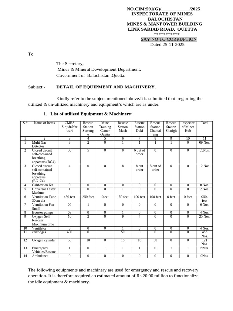 Secretary Mines Equipment & Machinery | PDF | Manufactured Goods ...