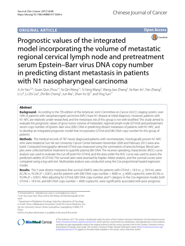 Prognostic Values of the Integrated Model Incorporating the Volume of ...