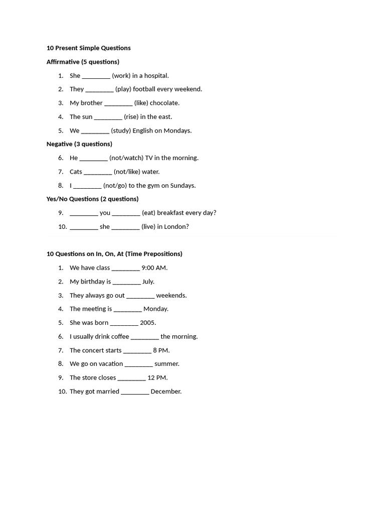 10 Present Simple Questions | PDF