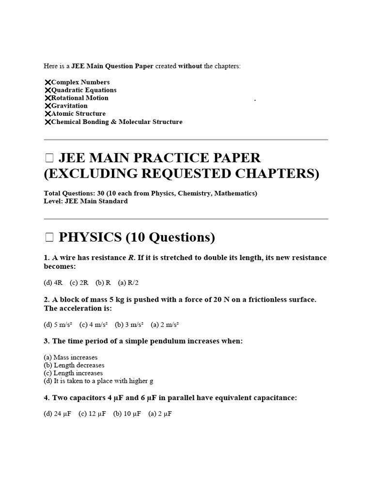 JEE Main Practice Paper - 30 Questions | PDF | Applied And ...