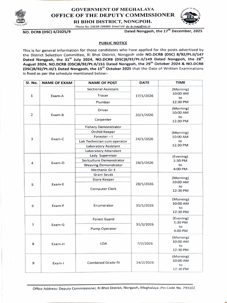 Ri Bhoi District Exam Schedule 2026 | PDF