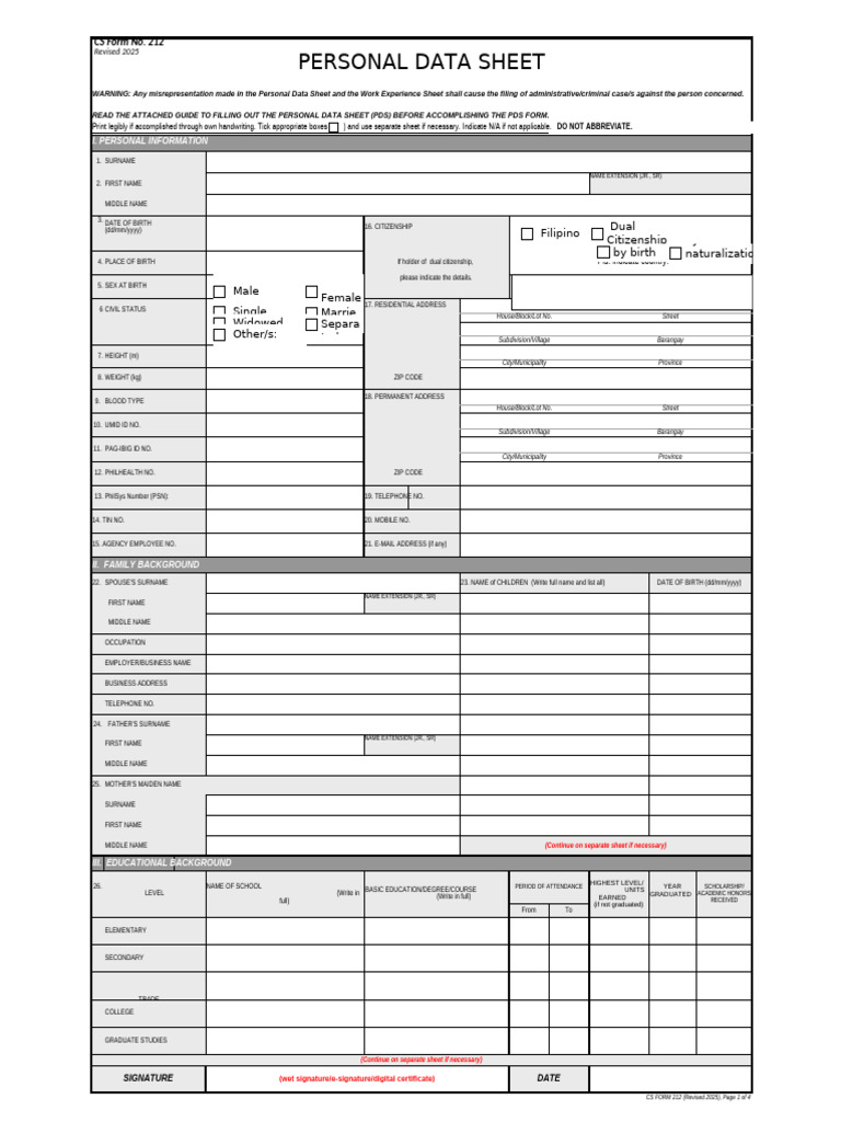CS Form No. 212 Revised 2025 - Personal Data Sheet 2 | PDF | Government And Personhood | Government