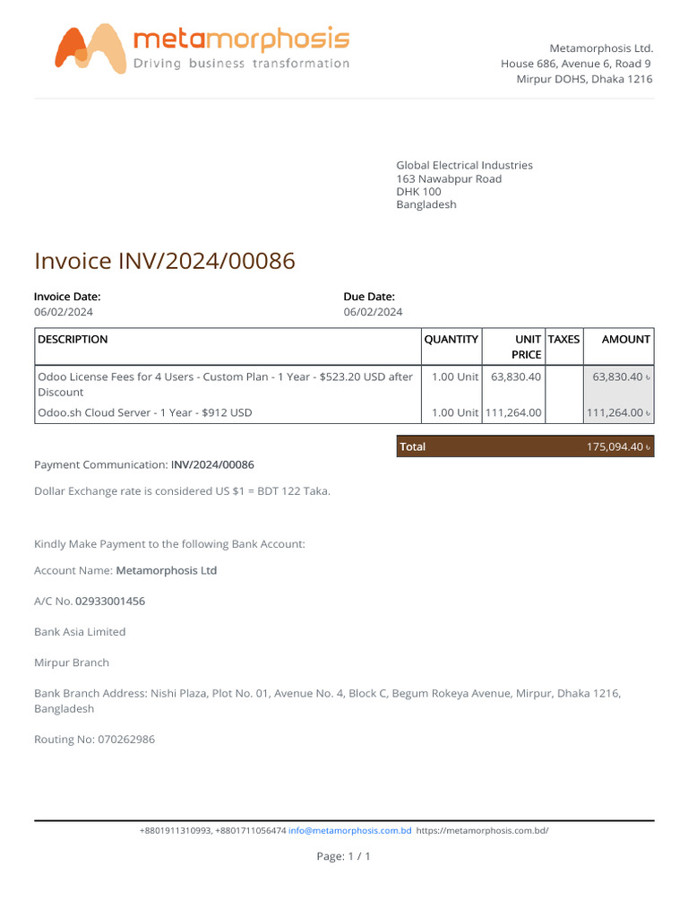 Odoo License Invoice for Metamorphosis Ltd | PDF