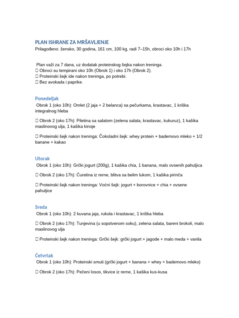 Plan Ishrane Mrsavljenje | PDF