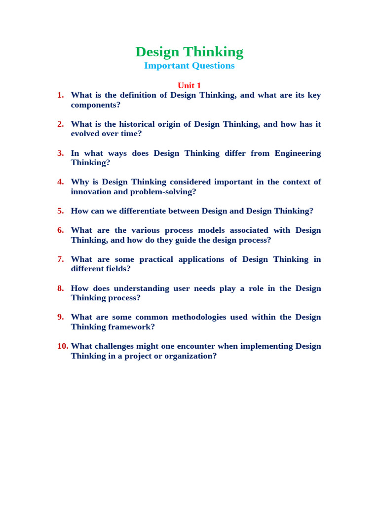 Deign thinking - Important Questions | PDF | Design Thinking | Innovation
