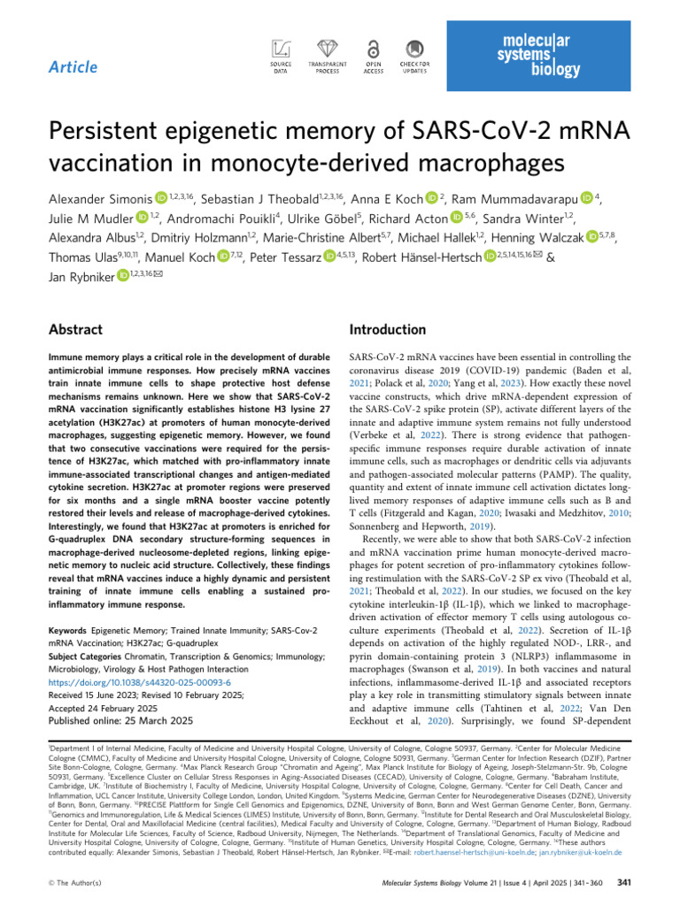 Simonis Et Al Persistent Epigenetic Memory of Sars Cov 2 Mrna ...