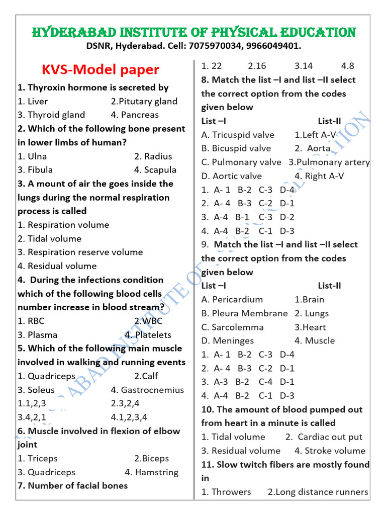 KVS Model Paper for Physical Education | PDF | Heart Valve | Cellular ...