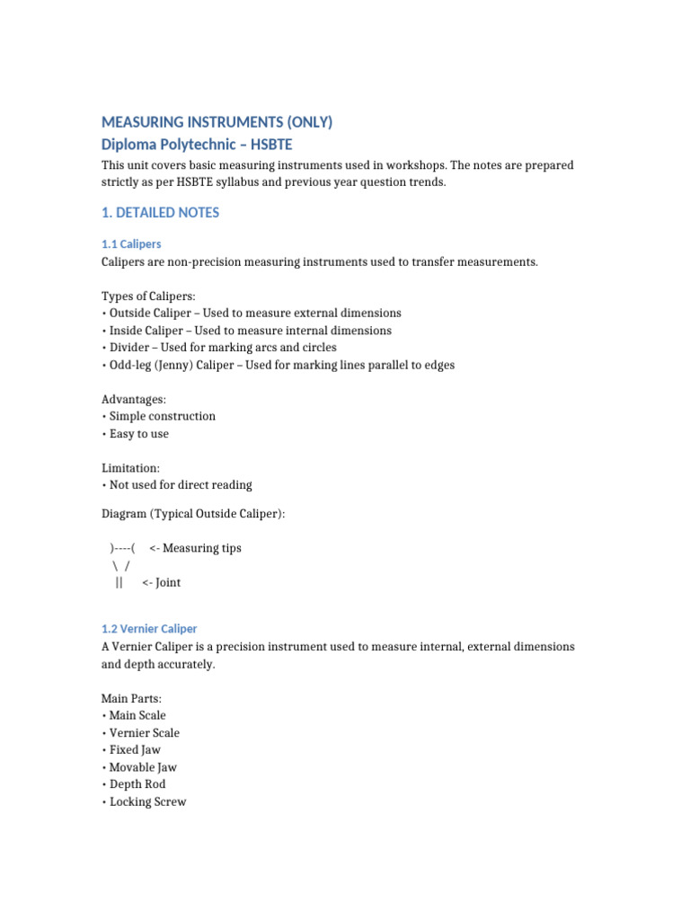 Measuring Tools HSBTE Notes MCQs | PDF