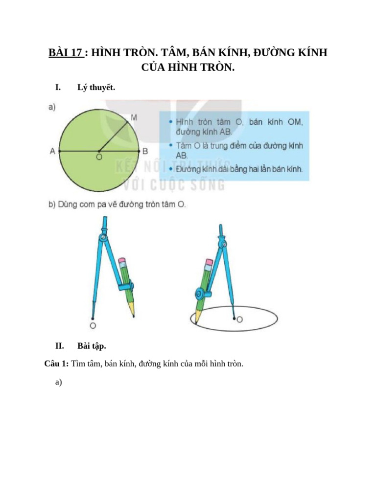 Bài 17 Toán 3 Hình Tròn. Tâm, Bán Kính, Đư NG Kính C A Hình Tròn | PDF