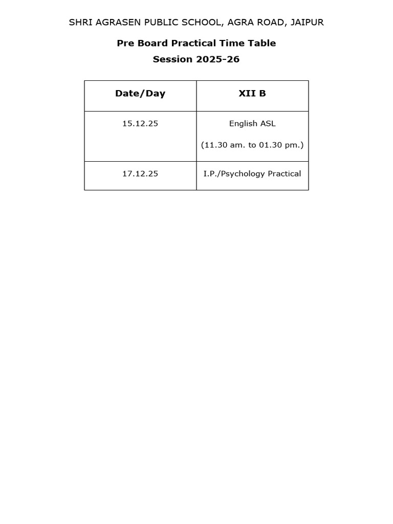 Pre Board Practical Time Table 2025 Class XII B | PDF