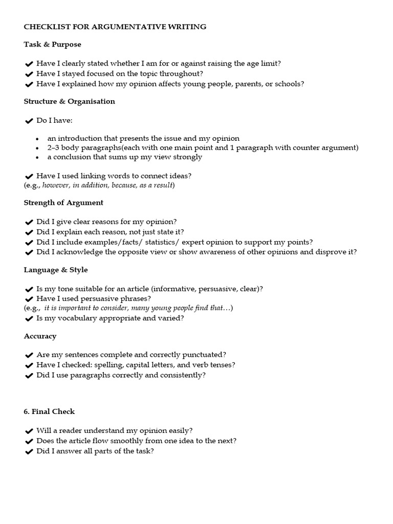 Argumentative Writing Checklist Guide | PDF