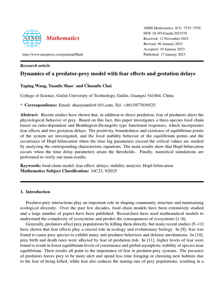 Dynamics of a Predator-prey Model With Fear Effect | PDF | Predation ...