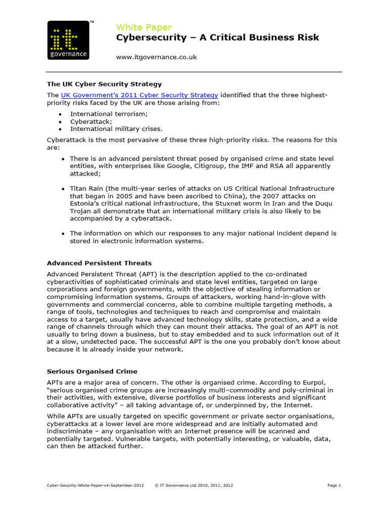Cyber Security White Paper v4 Sep 2012 | PDF | Security | Computer Security