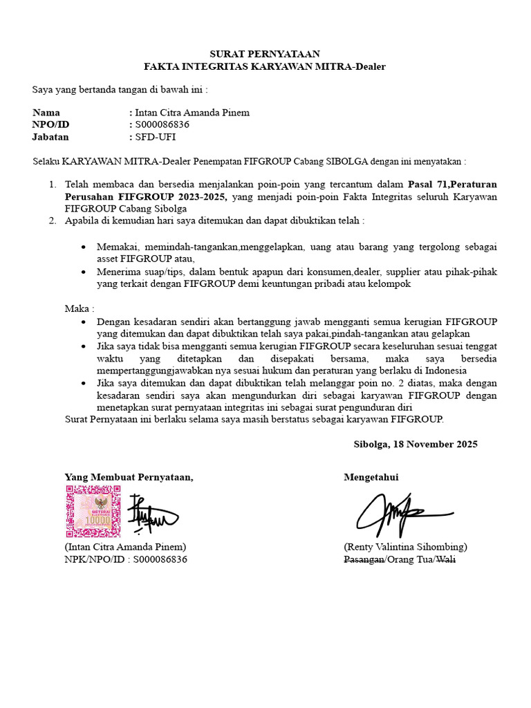 Surat Pernyataan Integritas Karyawan FIFGROUP | PDF