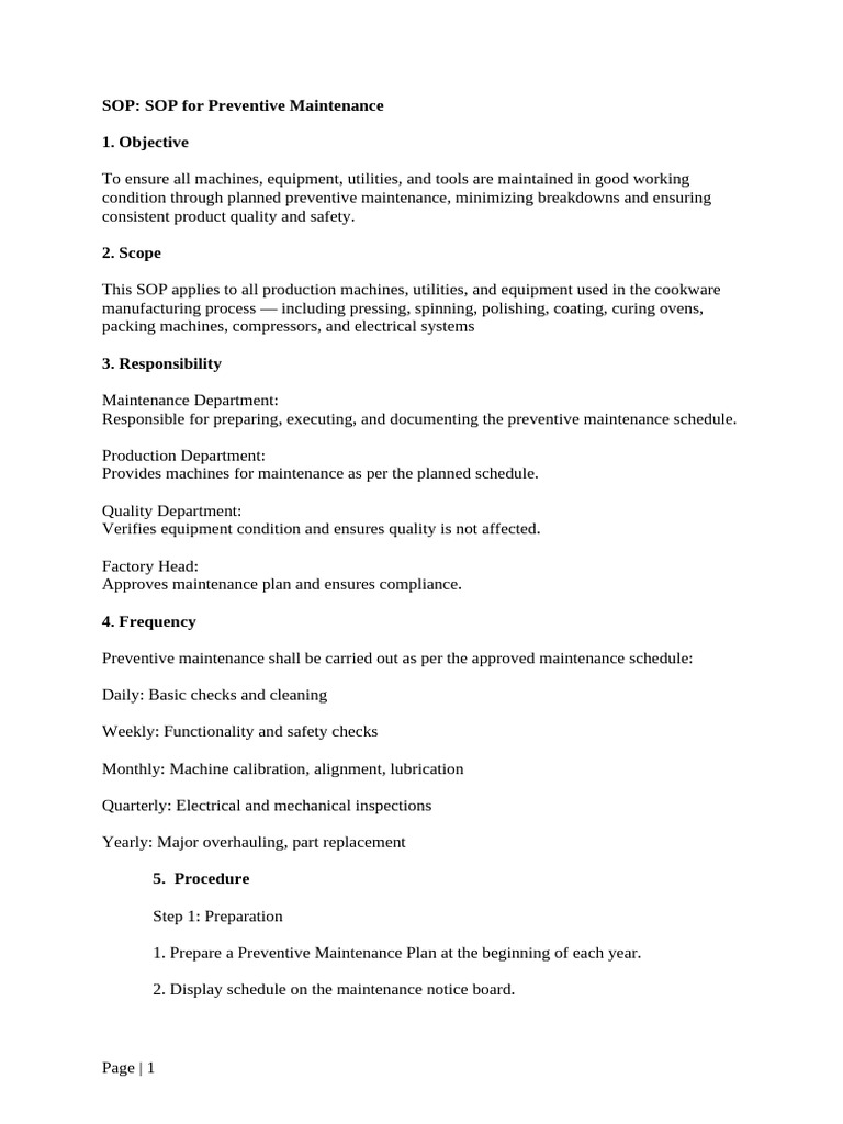 Preventive Maintenance SOP for Cookware | PDF | Mechanical Engineering