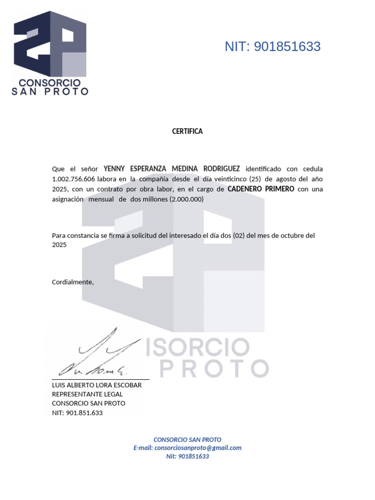 Certificado Laboral Yenny Medina | PDF