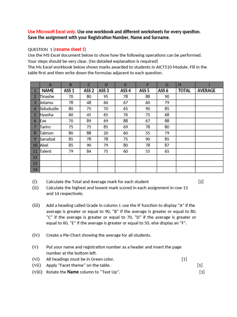 Excel Assignment: Student Marks Analysis | PDF | Microsoft Excel