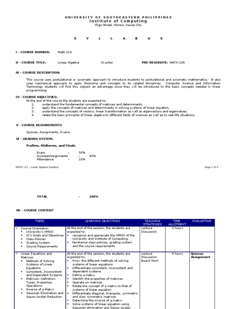 Linear Algebra Syllabus Pdf Determinant Matrix Mathematics