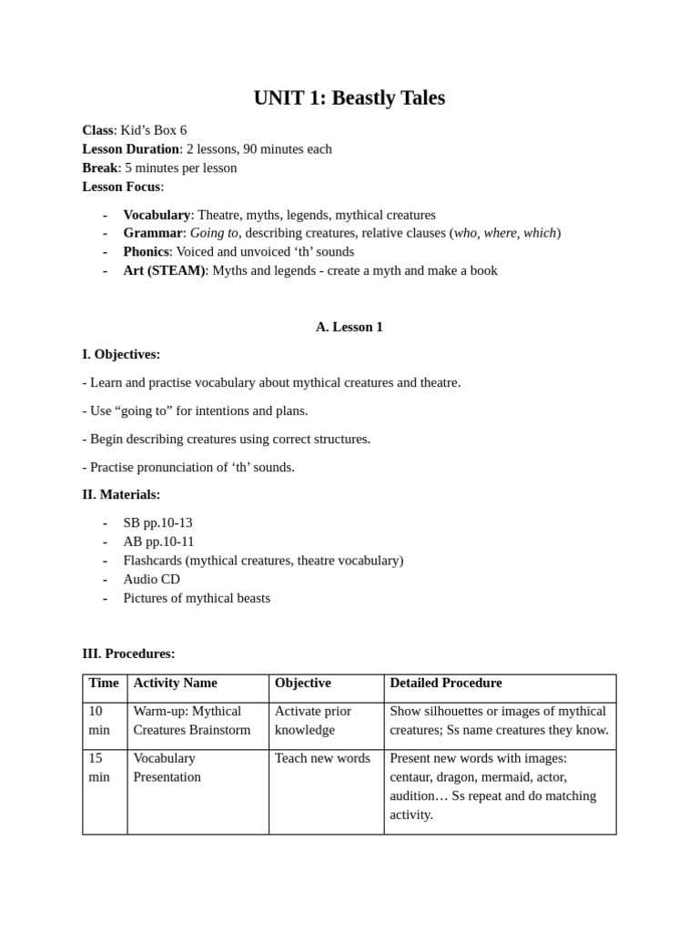 Kid box 6 - Lesson plan U1 - Beastly tales | PDF | Learning | Human ...