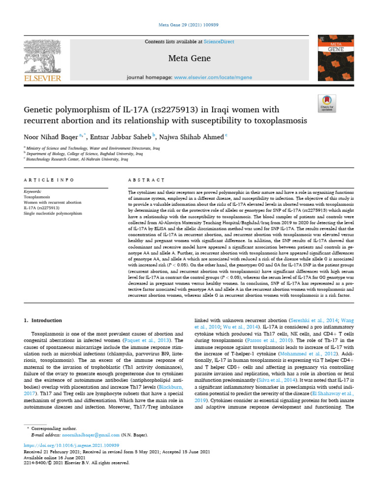 Genetic Polymorphism of IL-17A (Rs2275913) in Iraqi Women With ...
