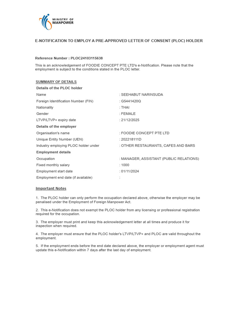 E-Notification for PLOC Employment | PDF