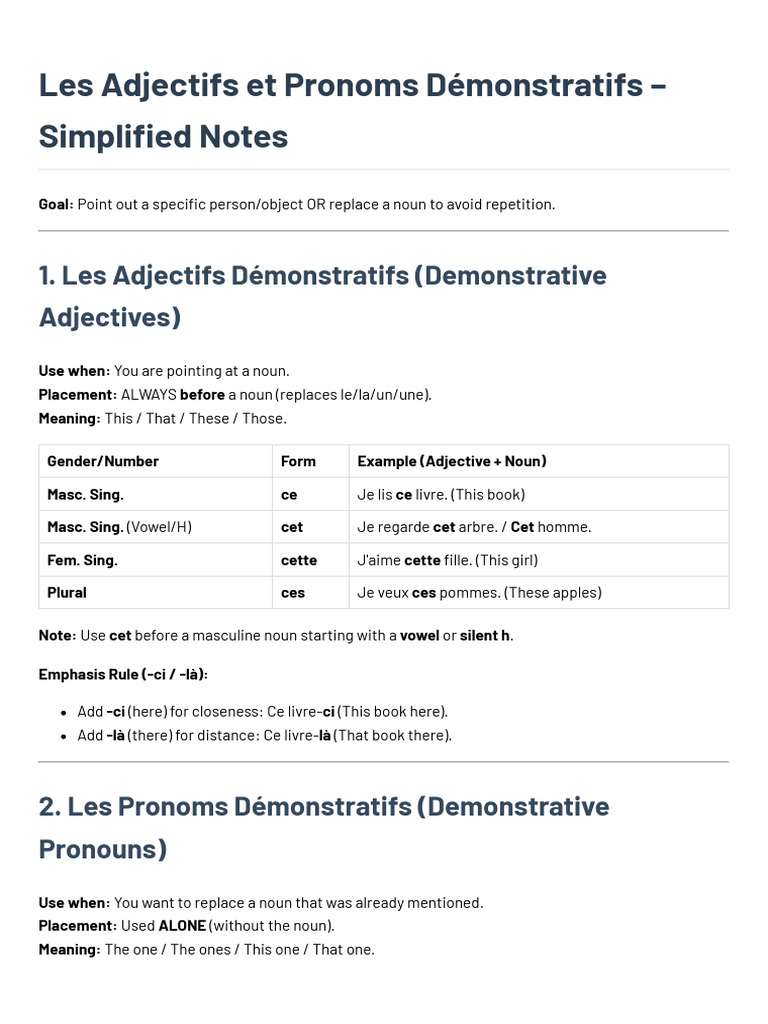 Adjectifs et Pronoms Démonstratifs Guide | PDF | Grammatical Gender | Noun
