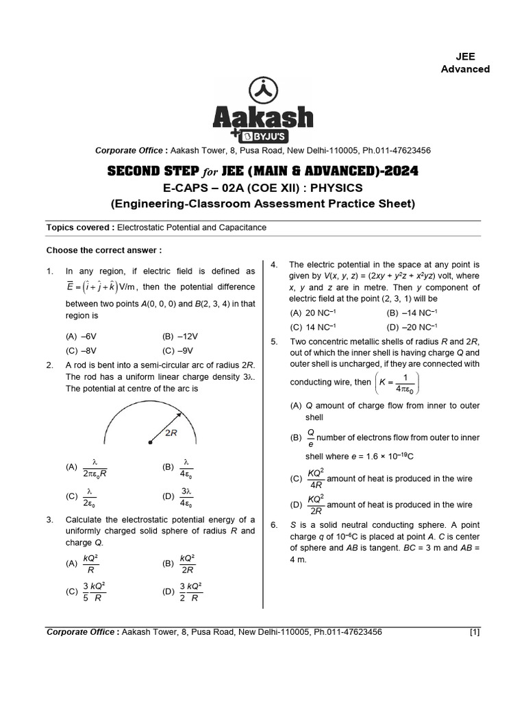 E-CAPS-02A - Class XII (COE) - Physics - Ques+Answer Key | PDF | Electric Field | Voltage