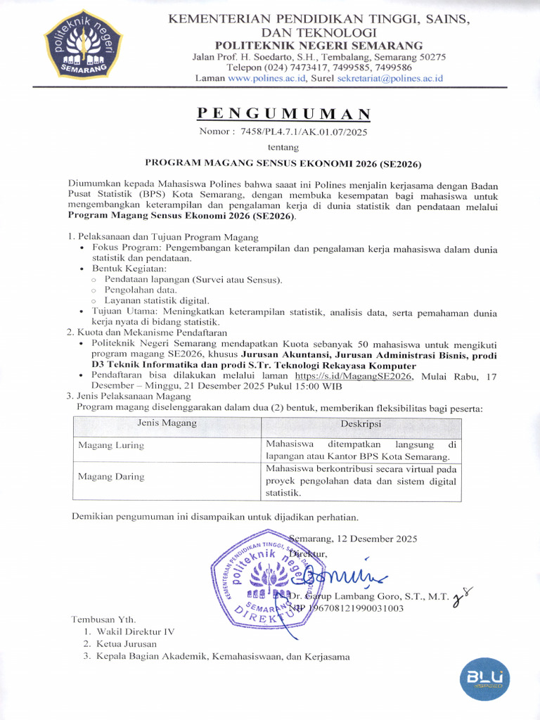 Pengumuman Program Magang Sensus Ekonomi 2026 | PDF
