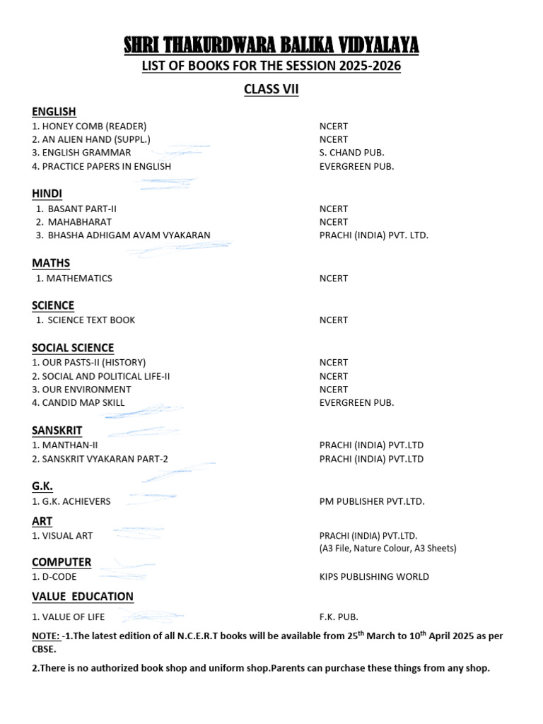 Class VII Book List 2025-2026 | PDF