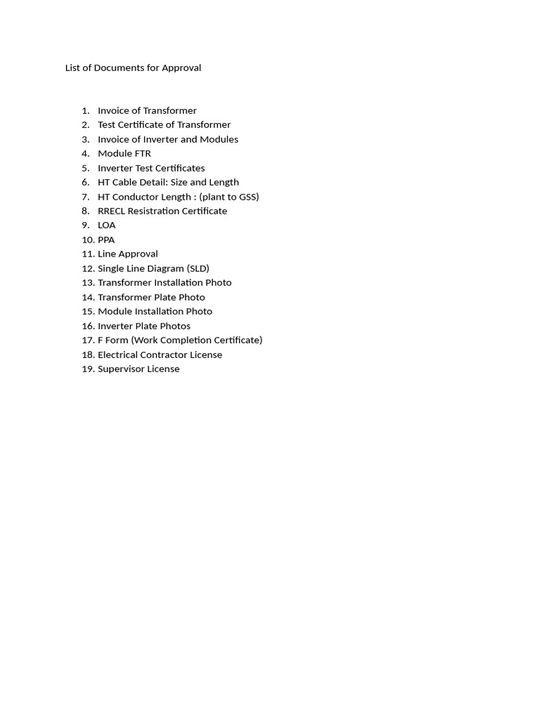 List of Documents for Approval (1) | PDF