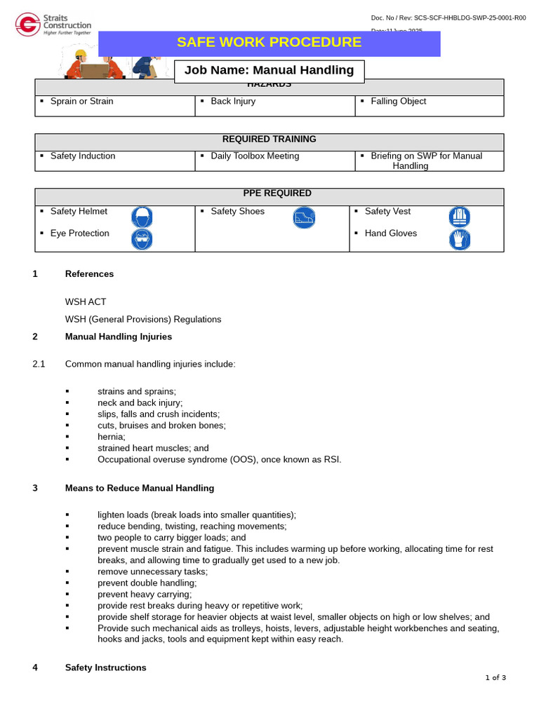 SCF-WSHE-SWP-004_Safe Operation of Manual Handling_R00 | PDF | Safety