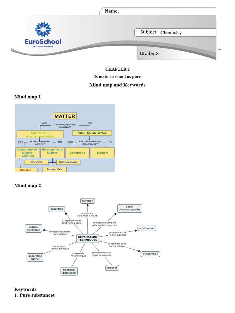 Grade 9, Chemistry, Chapter 2, Mind Map and Keywords-1 (1) | PDF