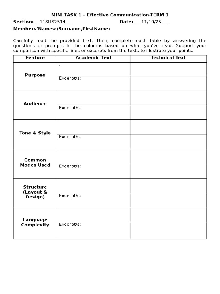 Mini Task 1 Worksheet | PDF