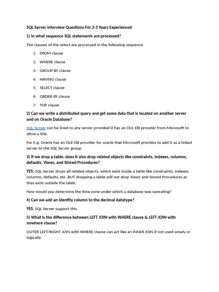 SQL Server Interview Questions for 2 | PDF | Database Index | Microsoft ...