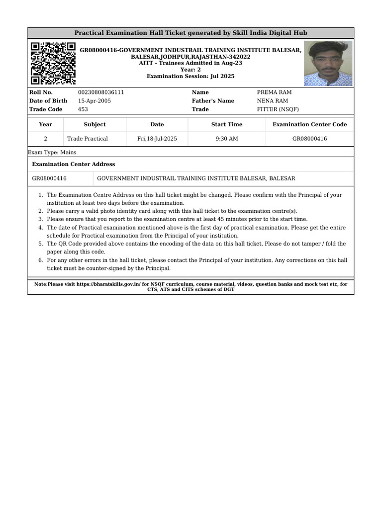 Practical Examination Hall Ticket Generated by Skill India Digital Hub ...