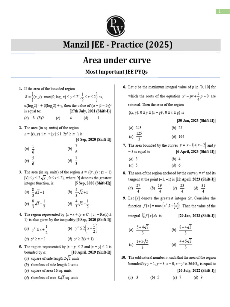 Area Under Curve - PYQ Sheet (Questions) - Manzil JEE 2025 | PDF | Mathematical Objects ...