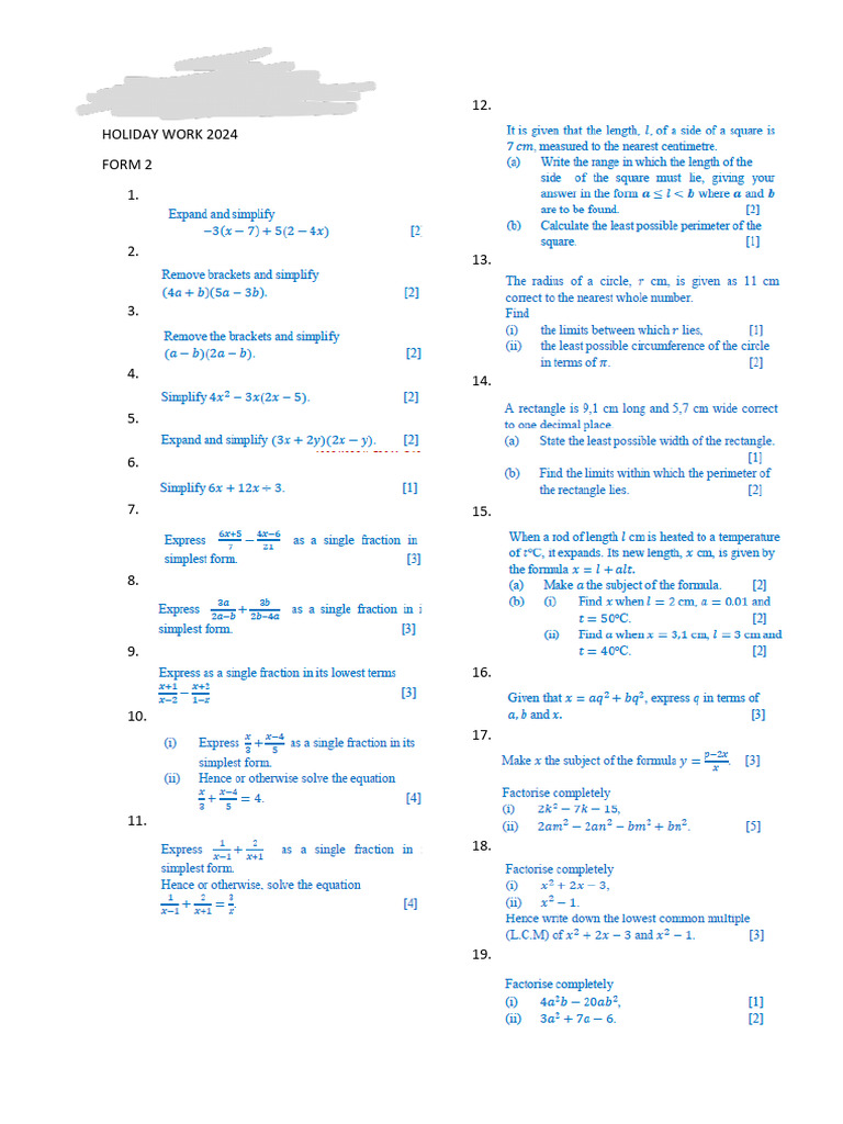 PFC , Form 2 Work Maths | PDF