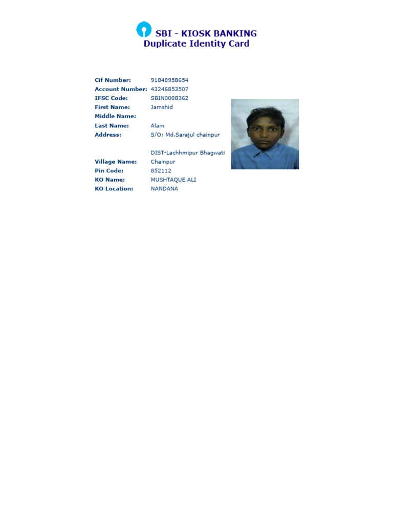 Sbi - Kiosk Banking Duplicate Identity Card | PDF